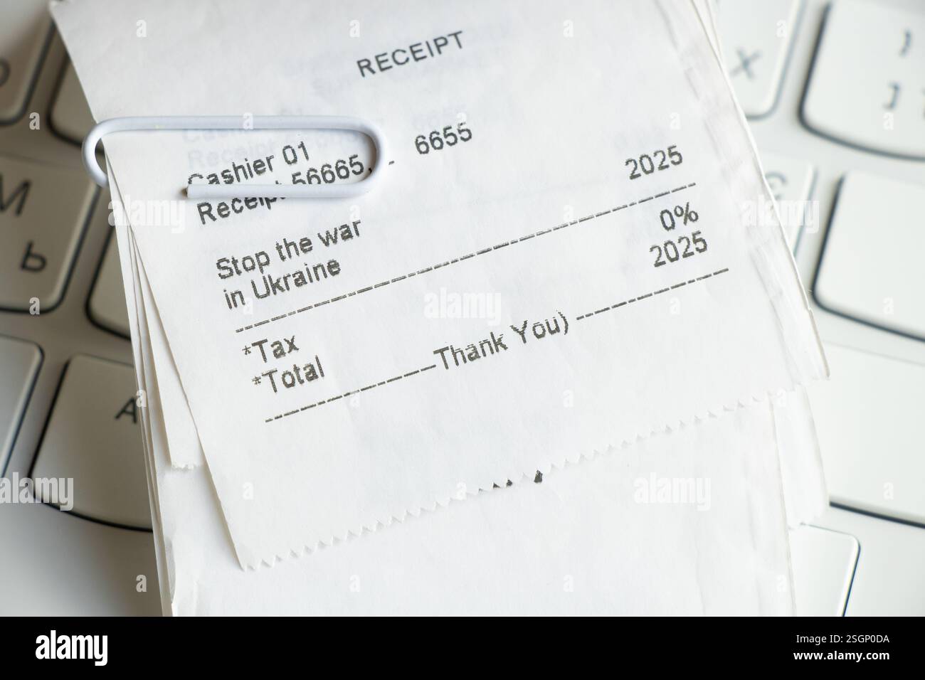 A receipt from a store with the text Stop the war in Ukraine and ...