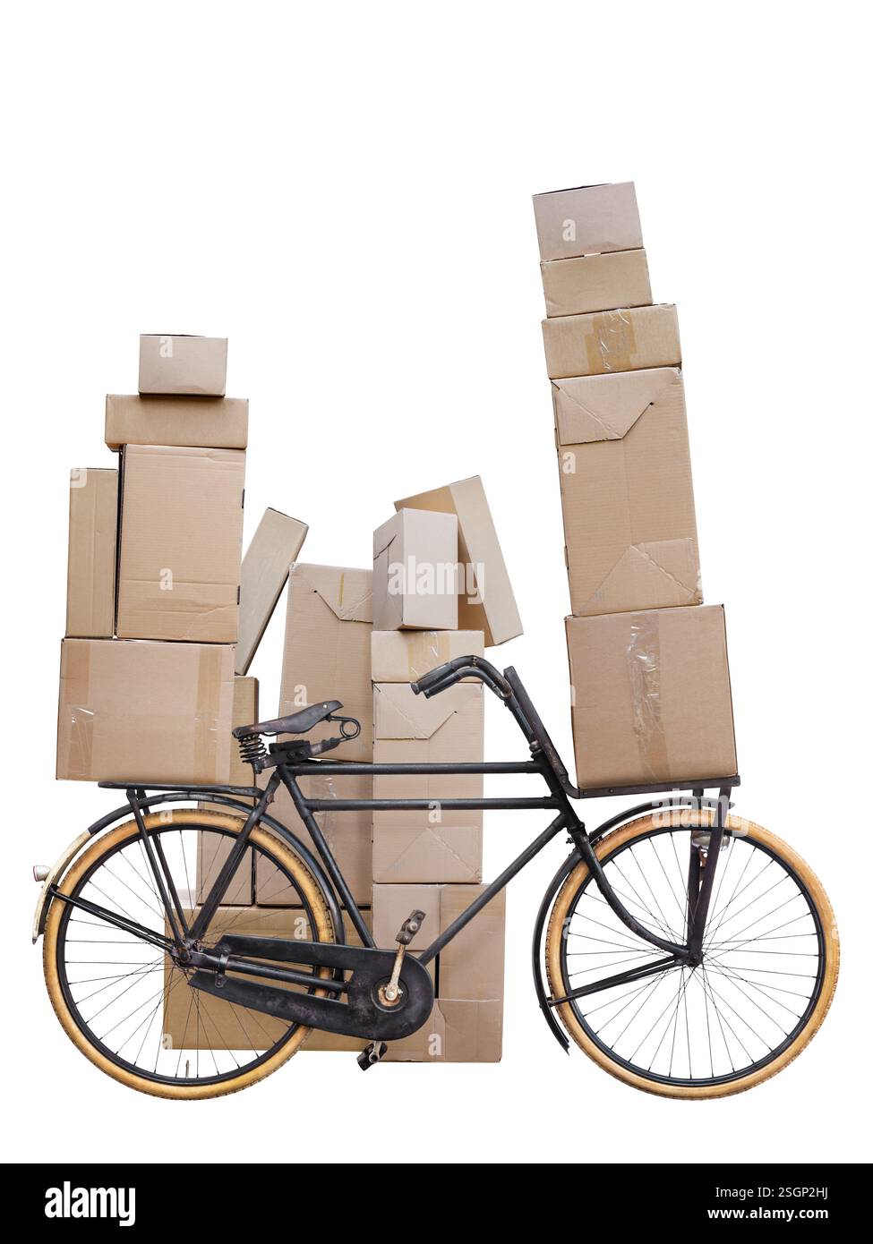 Vintage black cargo transport bicycle loaded with cardboard parcels and ...