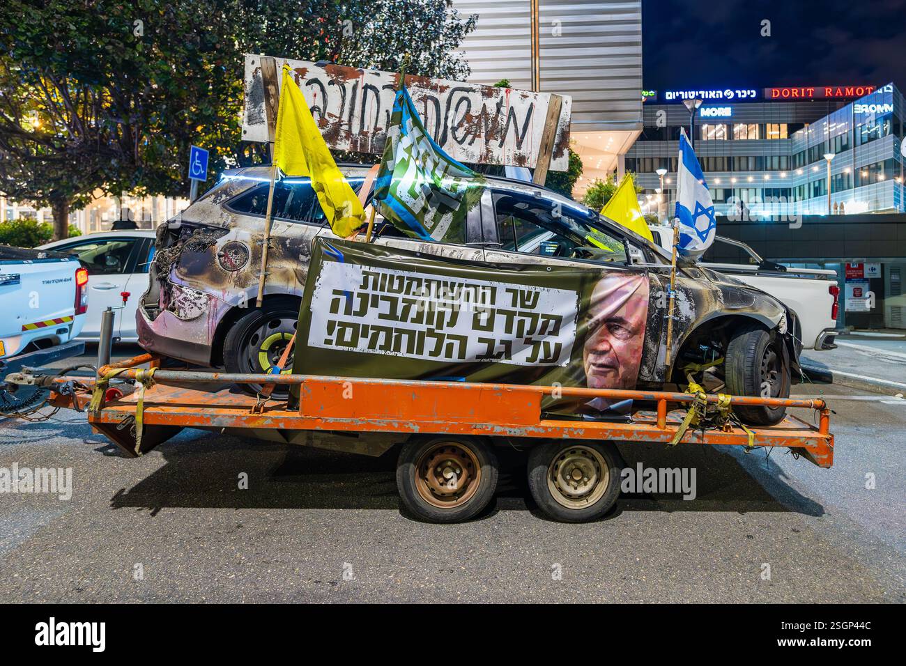 Haifa, Israel - February 08, 2025: Convoy with cars damages by Hamas ...