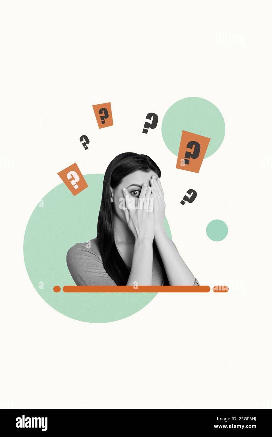 Trend image vertical photo collage of panic astonished girl hide face ...