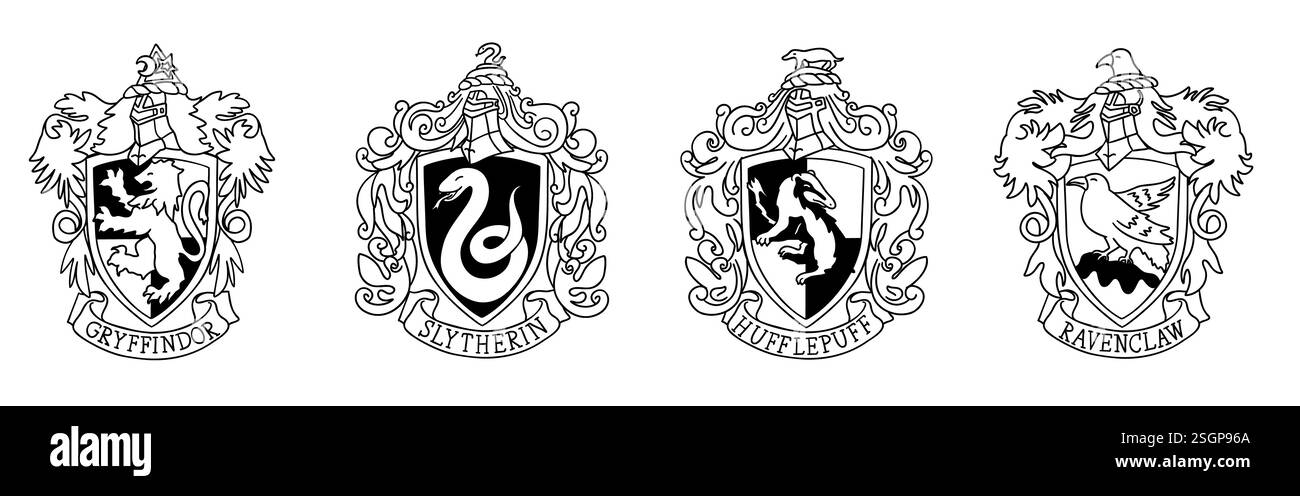 Harry Potter emblem logos in cartoon doodle style. Vector illustration ...