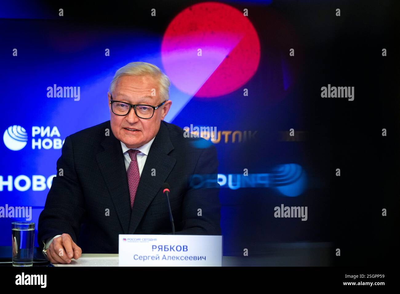 Russian Deputy Foreign Minister Sergei Ryabkov speaks to the media at a ...