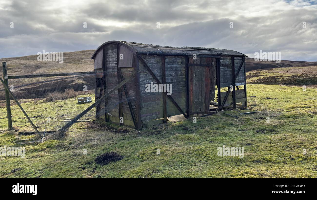 Abandoned old destroyed railway wagon in the Scottish Highland ...