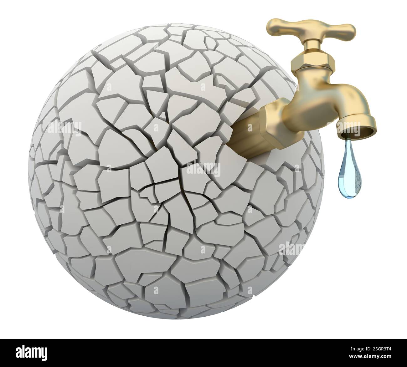 3D concept with faucet and cracked earth isolated on white background ...