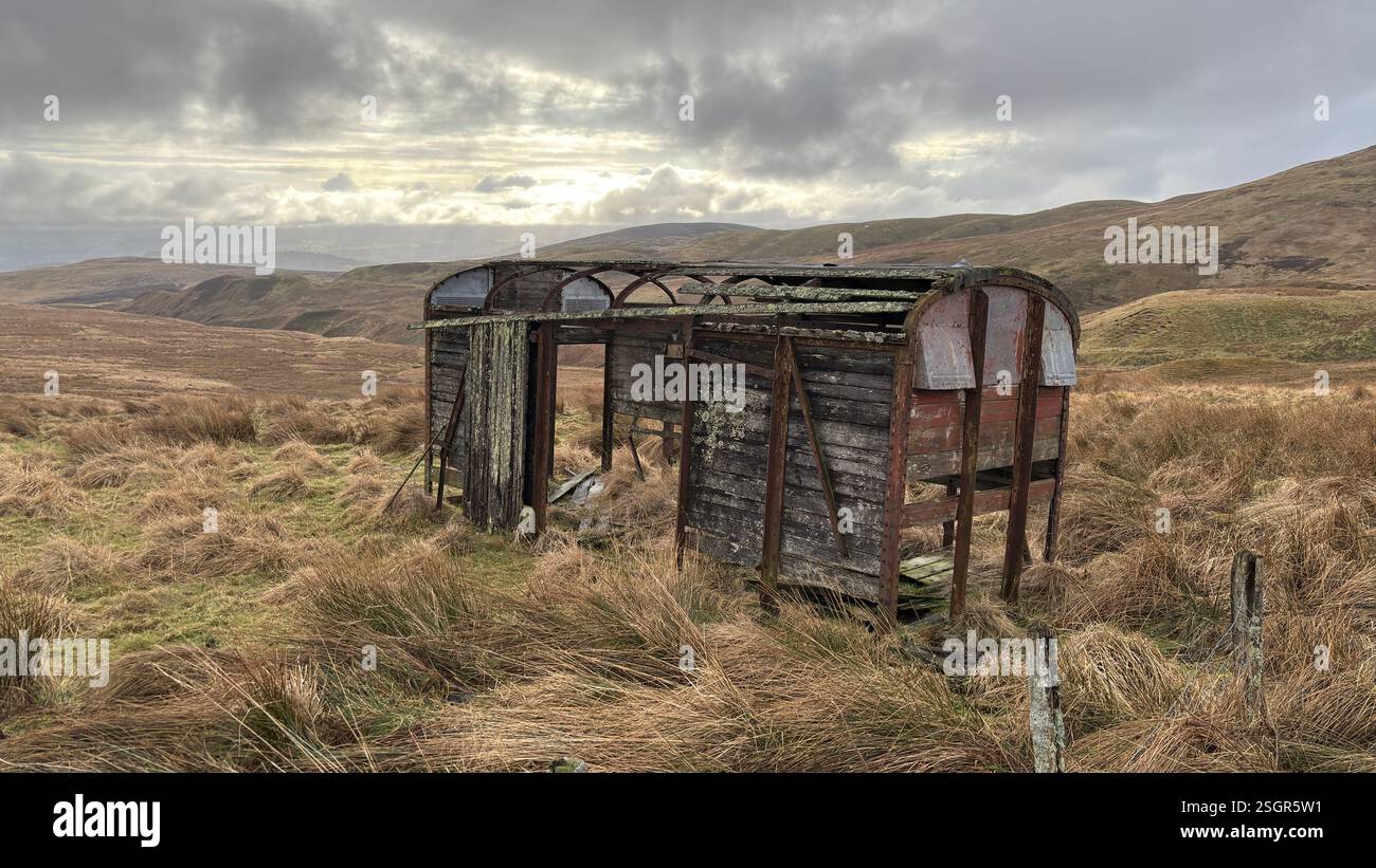 Abandoned old destroyed railway wagon in the Scottish Highland ...