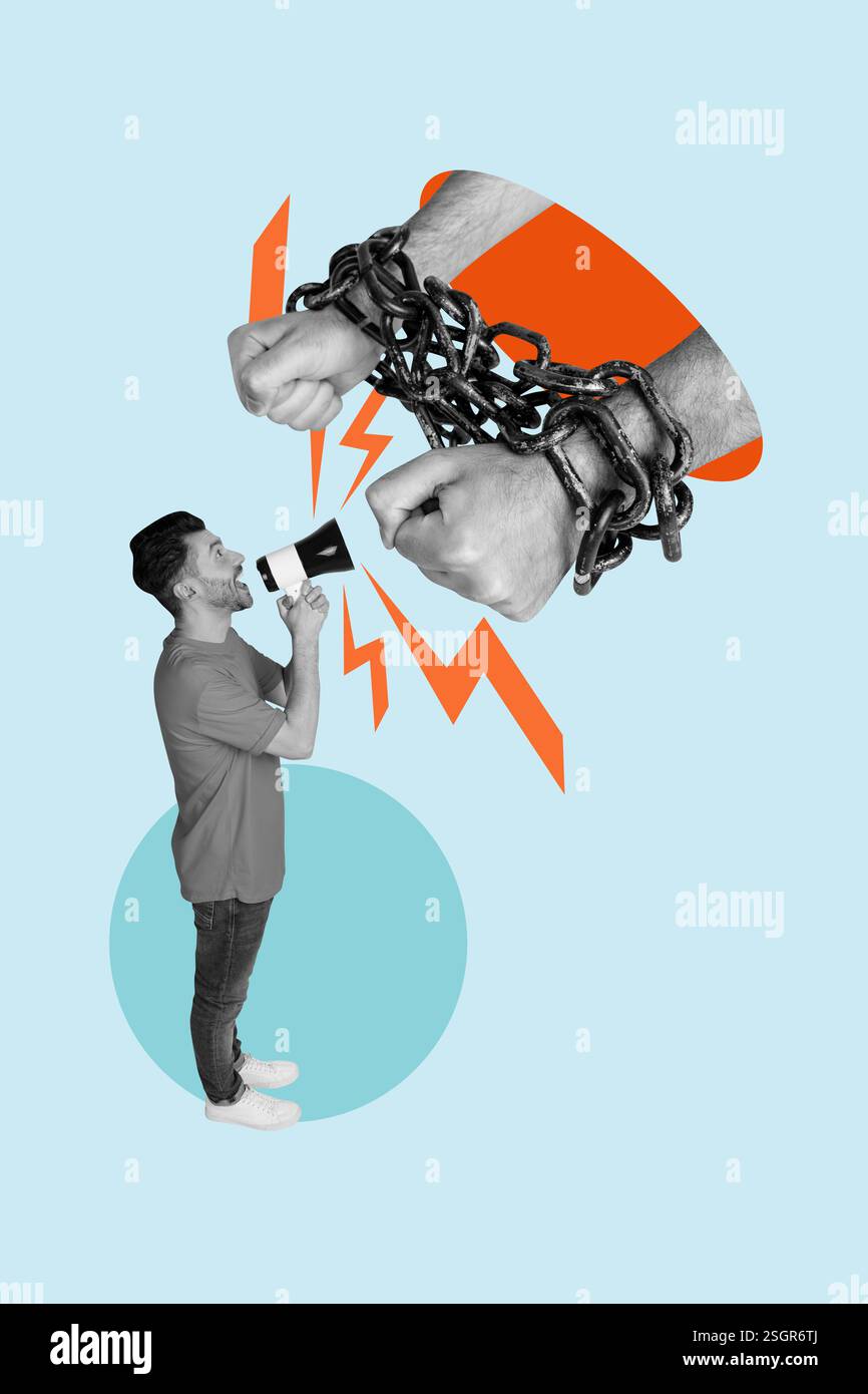 Art vertical photo collage of angry man scream megaphone promote ...