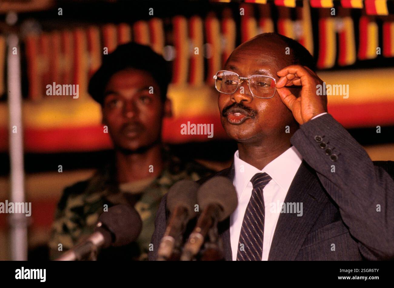 President Yoweri Museveni speaking at Makarere University during ...