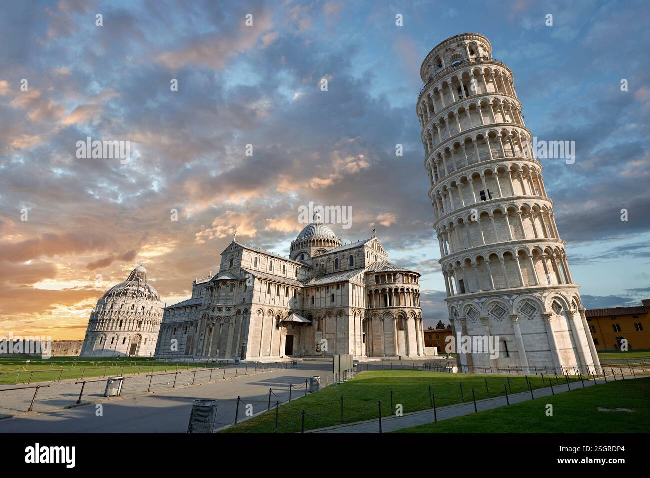 View of the Romanesque Leaning Tower of Pisa, the Bell tower sunset ...