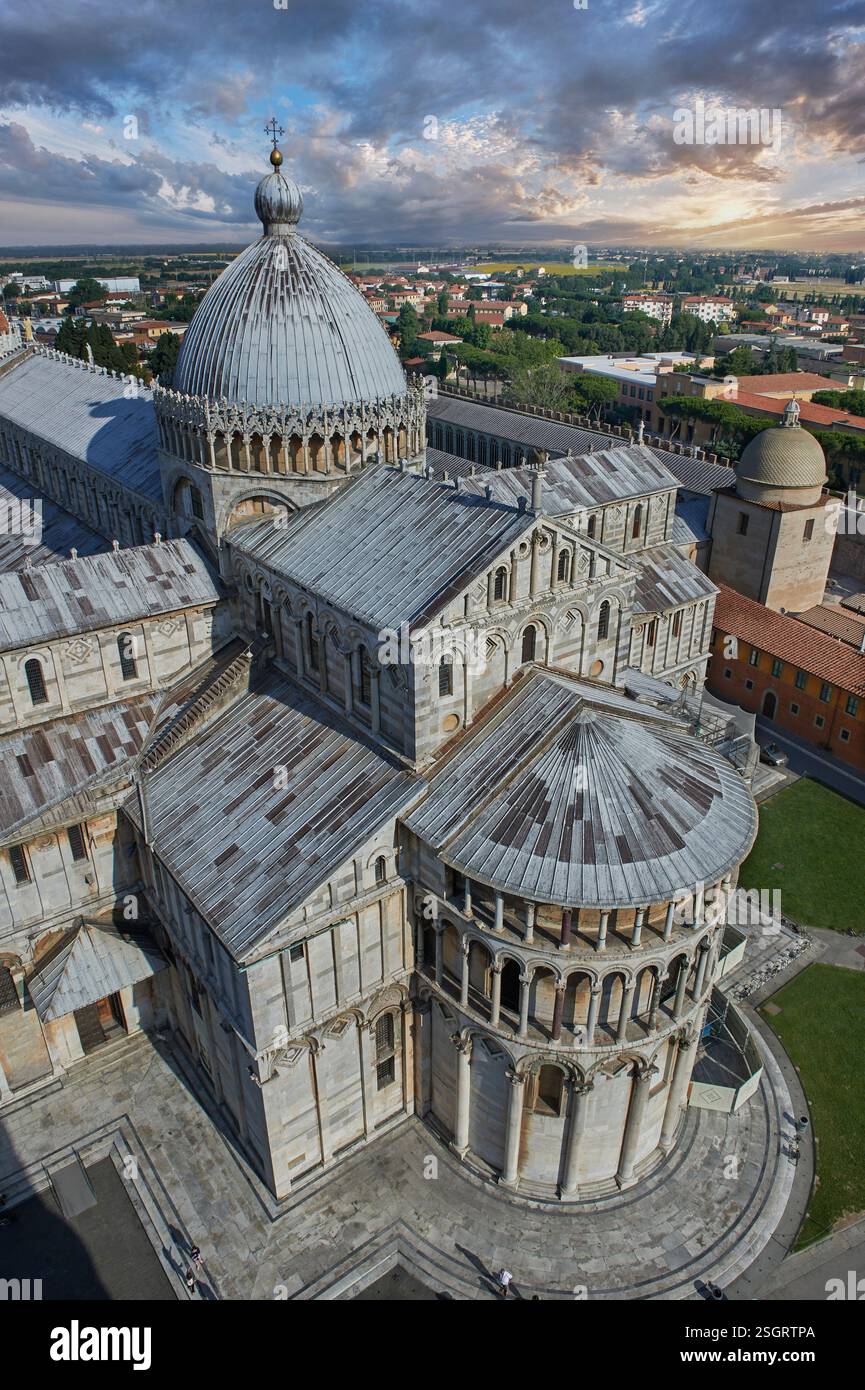 Aerial roof top photo of the medieval romanesque cathedral of Pisa ...