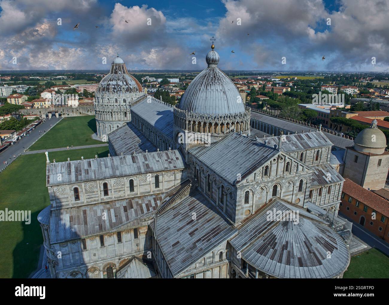 Aerial roof top photo of the medieval romanesque cathedral of Pisa ...