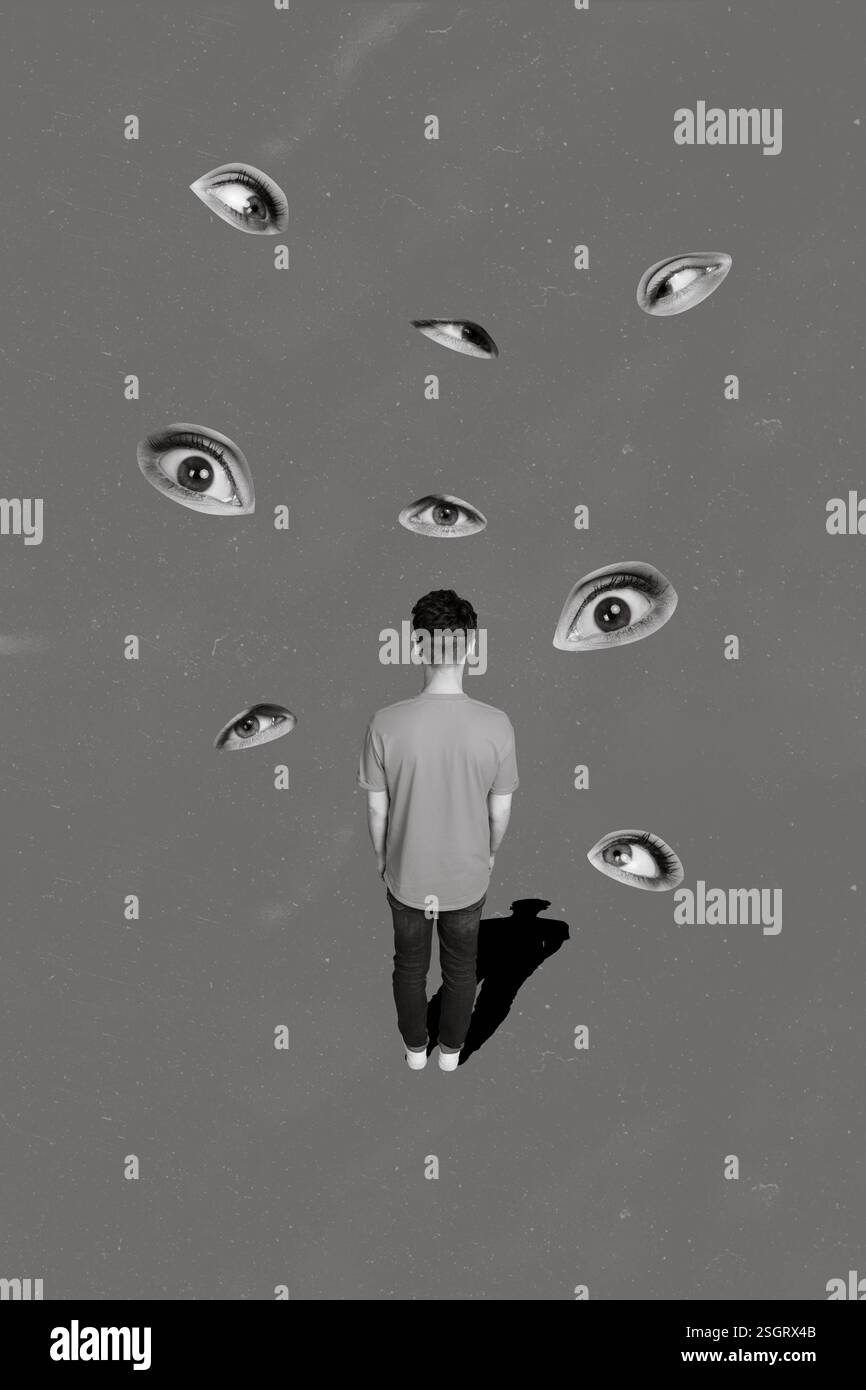 Strange unusual graphics collage of rear standing guy under many eyes ...