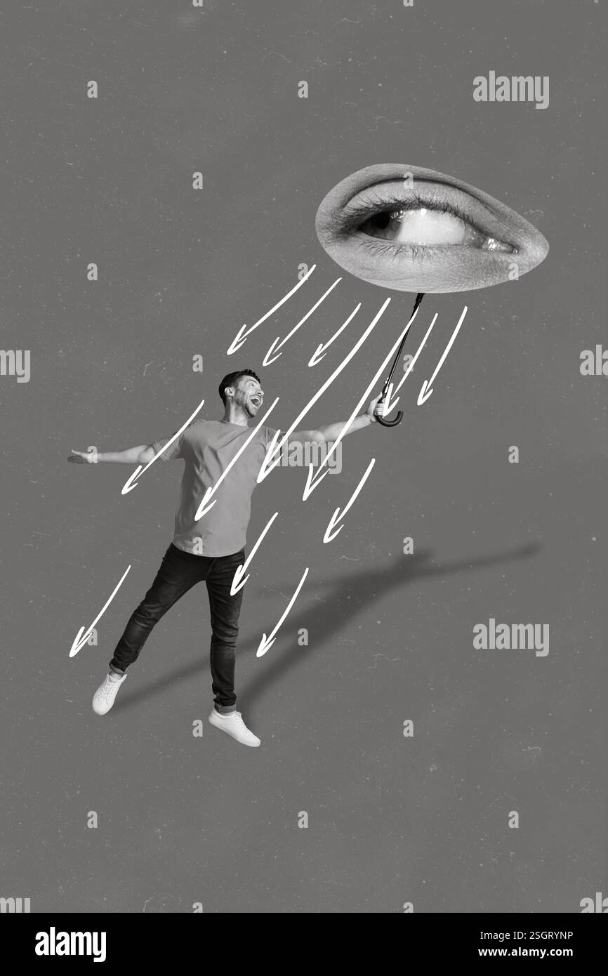 Creative weird bizarre collage of young guy hold eye parasol rain white arrows resist public ...