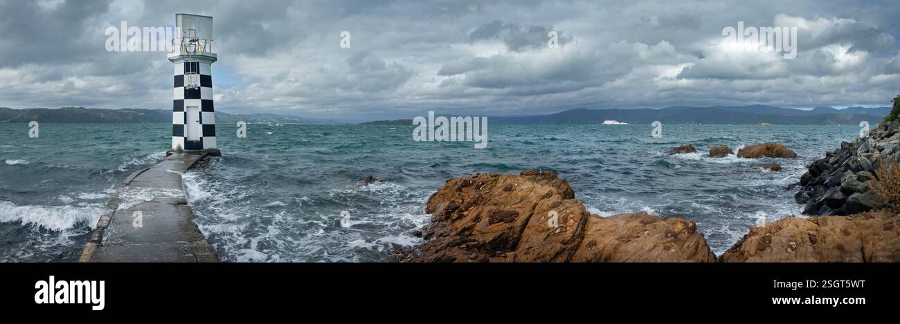 Checkered lighthouse at Point Halswell Wellington New Zealand Stock ...