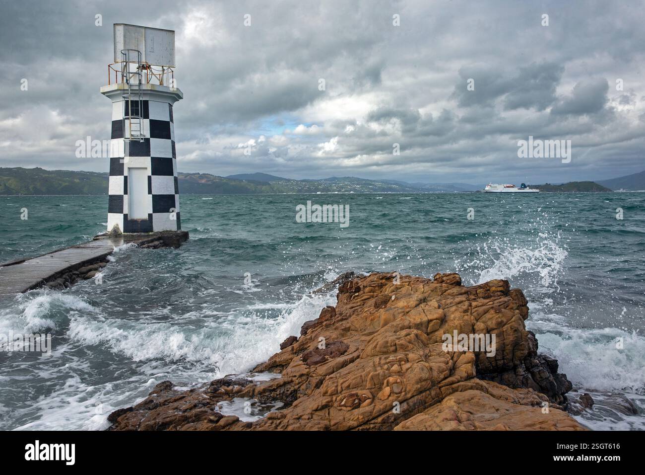 Checkered lighthouse at Point Halswell Wellington New Zealand Stock ...