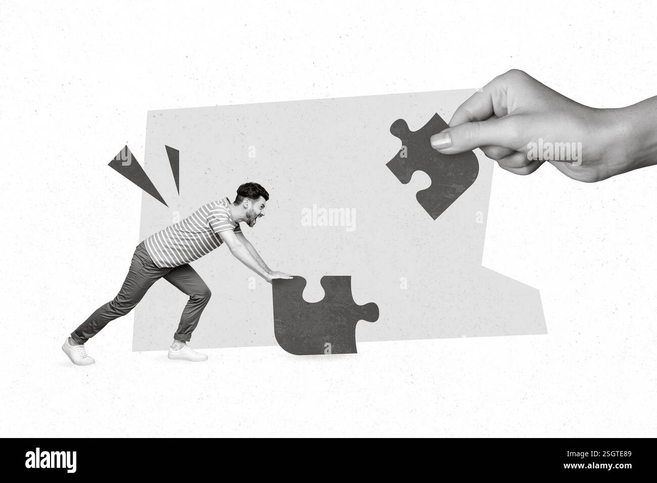 Collage photo of funny active hard pushing guy puzzle decision solve ...