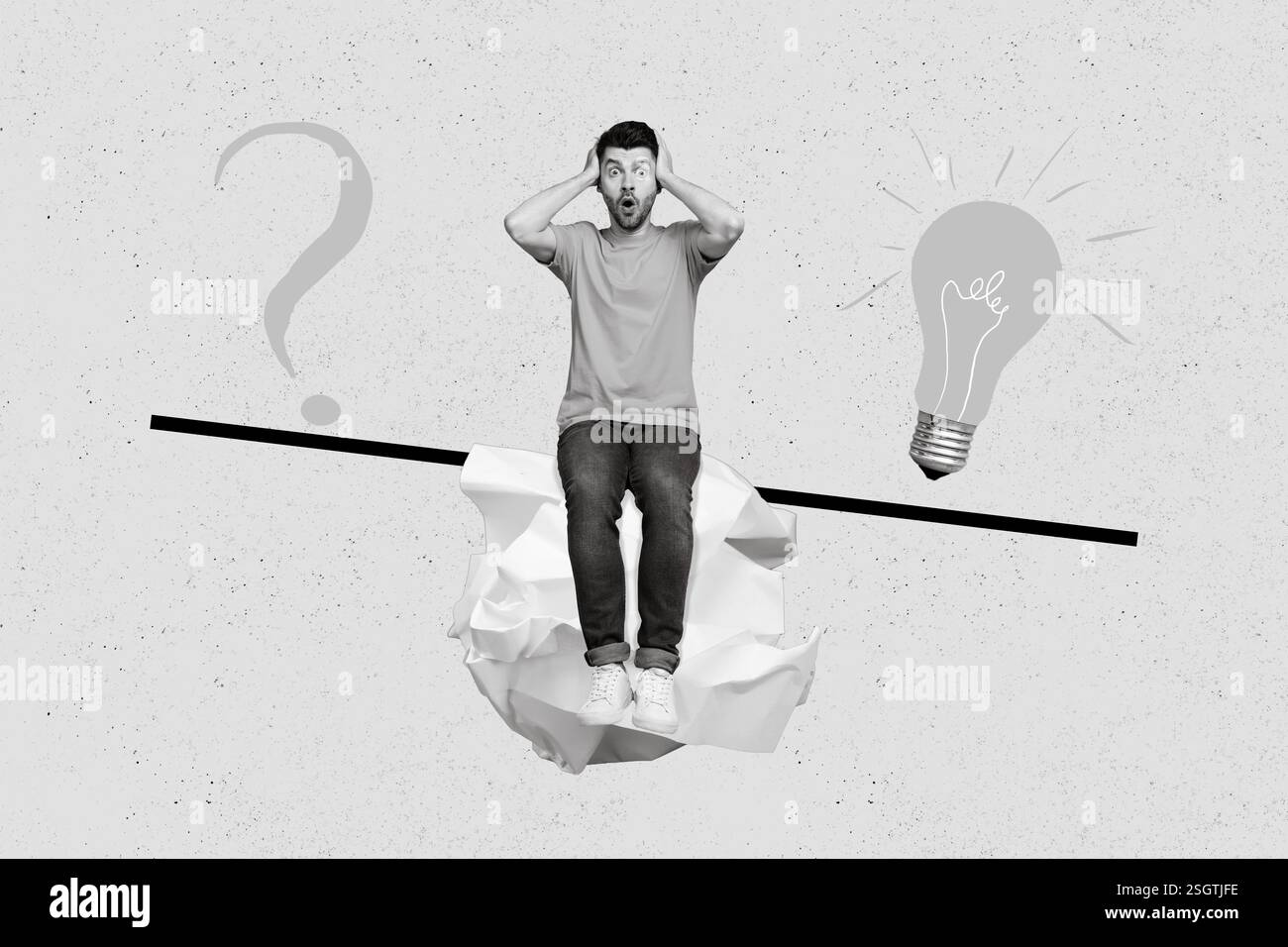 Collage photo of young funny smart man sitting balance scales dont know ...