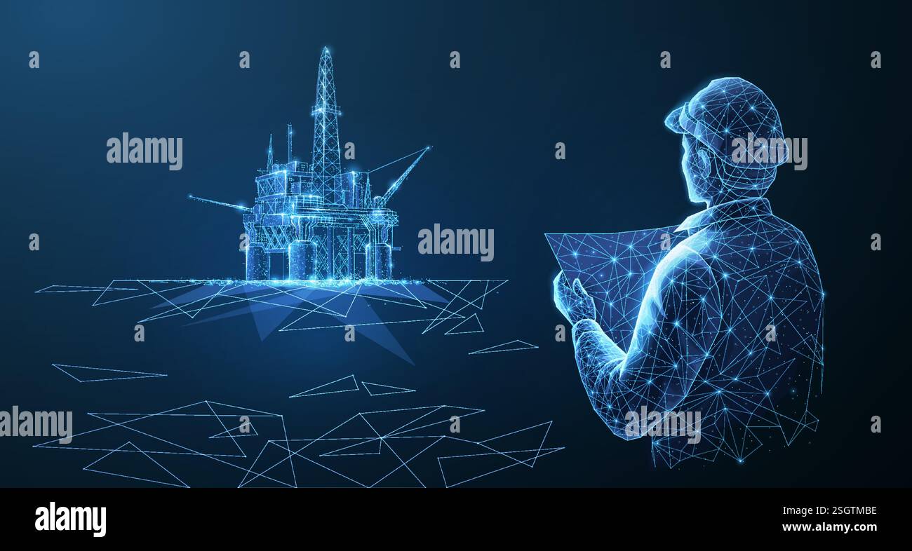 Engineer and oil rig. Abstract 3d floating rig platform on blue Stock ...