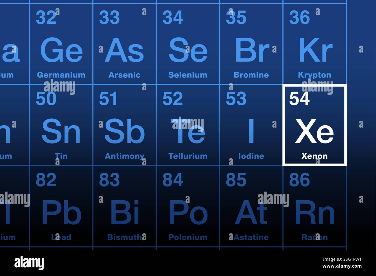 Xenon on the periodic table of the elements. Noble gas with the atomic number 54 and symbol Xe ...