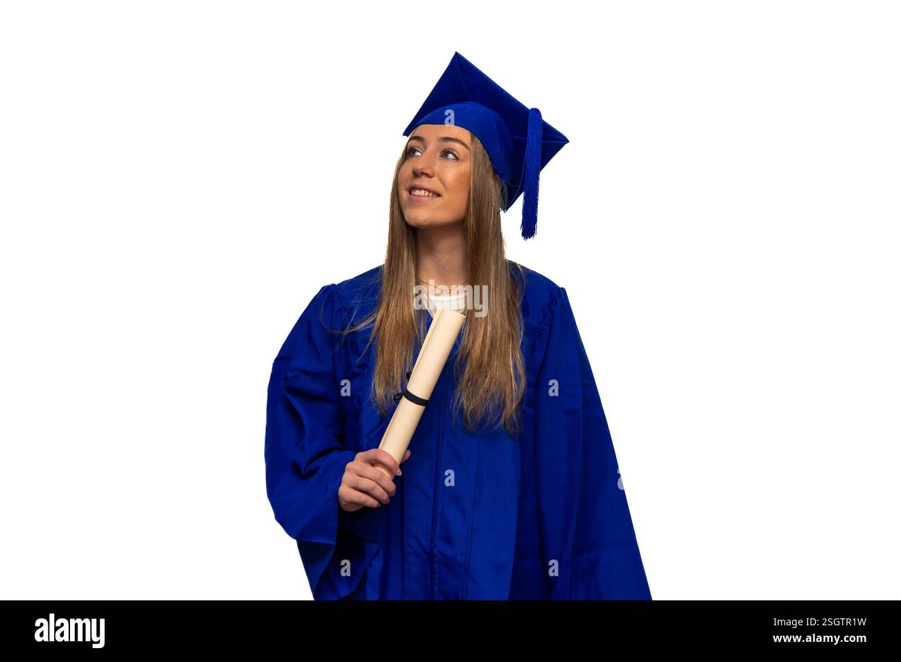 Happy graduated student wearing blue gown and mortarboard, holding ...