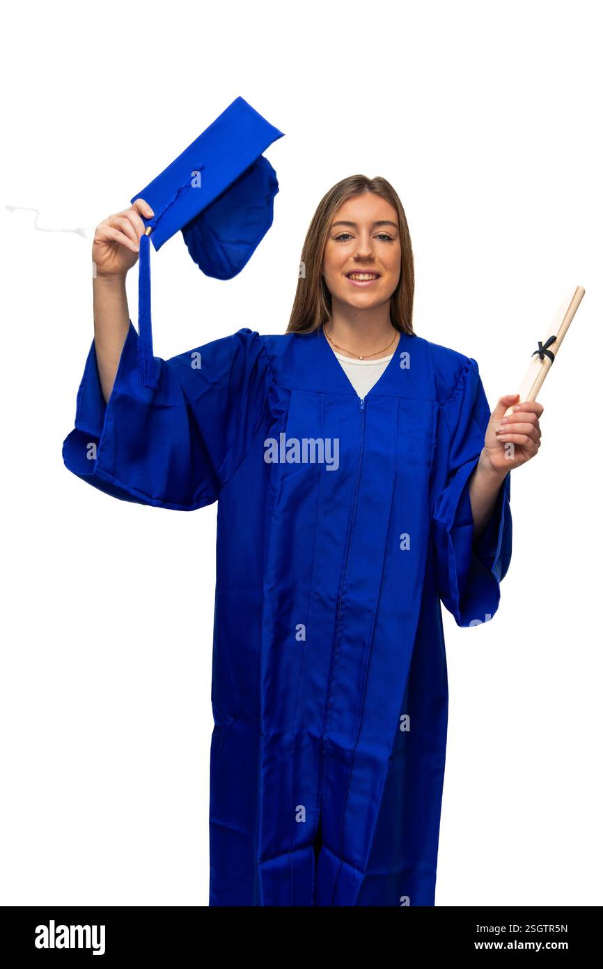 Happy graduated student wearing blue gown is throwing graduation cap in ...