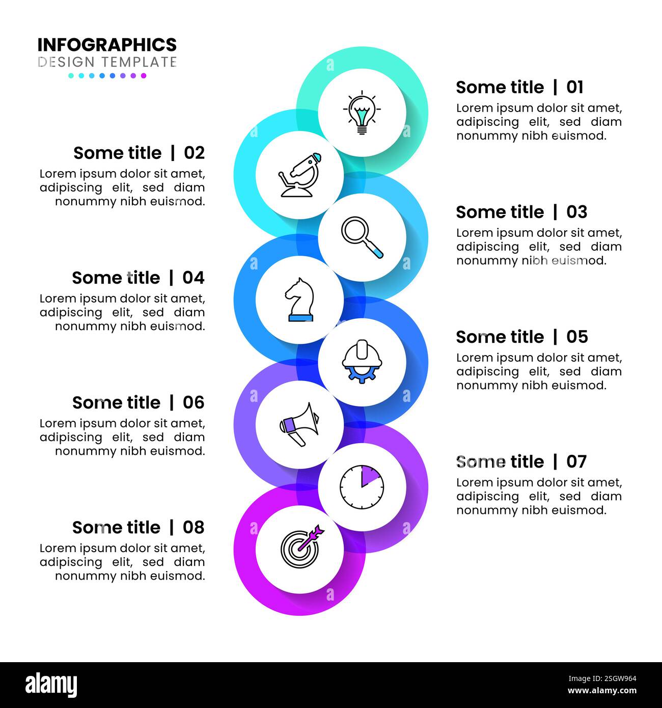 Infographic template with icons and 8 options or steps. Vertical line ...