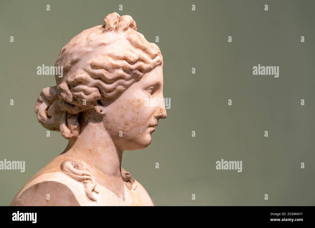 Profile of ancient roman statue in marble portraiting a woman with a ...