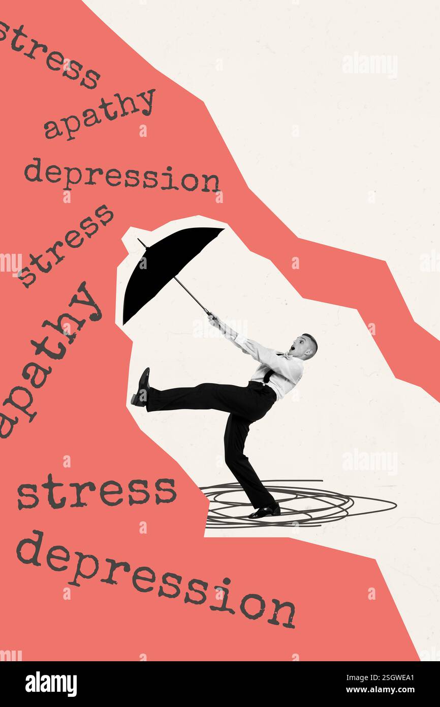 Vertical art image photo collage of astonished guy hold umbrella ...