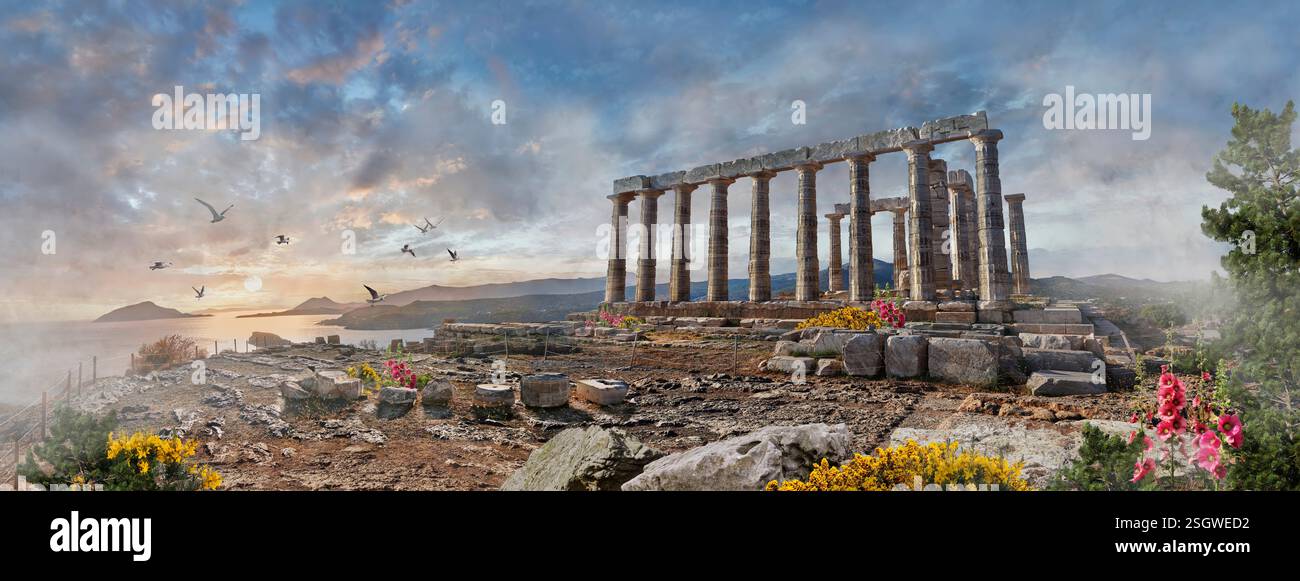 The ancient Greek Doric temple of Poseidon at Cape Sounion, Greece, 444 ...