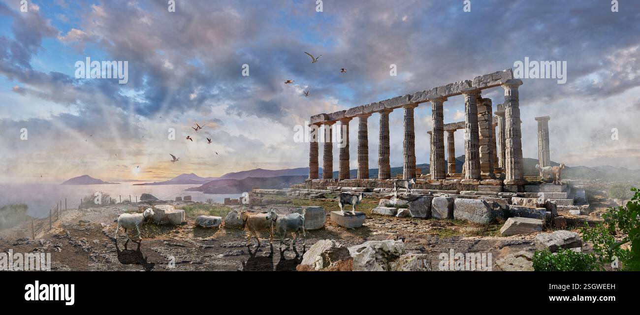 The ancient Greek Doric temple of Poseidon at Cape Sounion, Greece, 444 ...