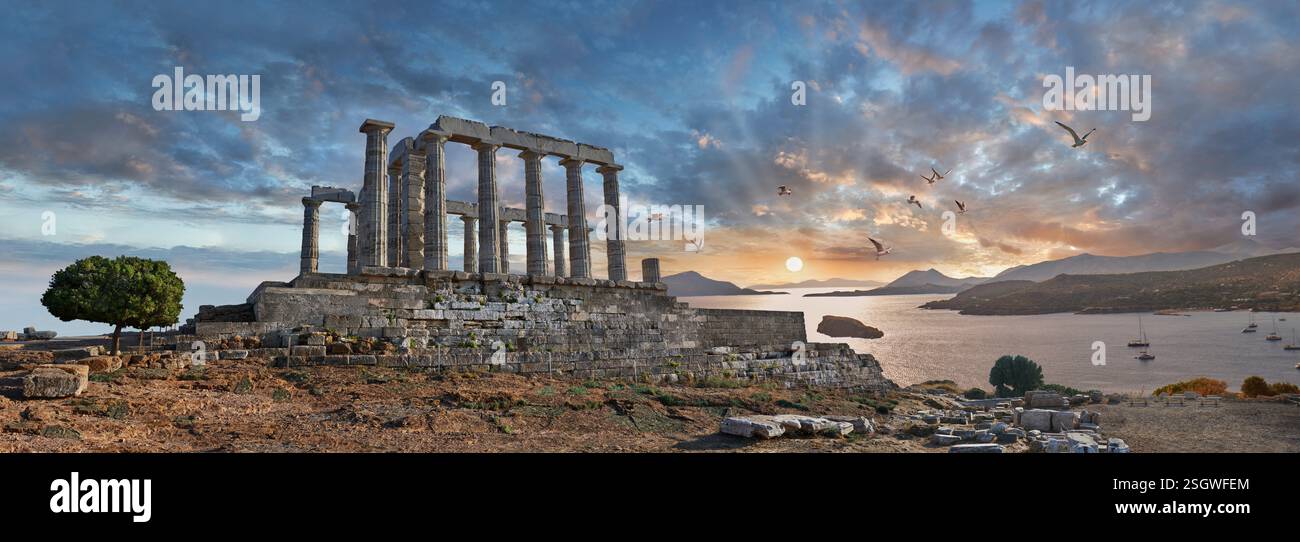 The ancient Greek Doric temple of Poseidon at Cape Sounion, Greece, 444 ...
