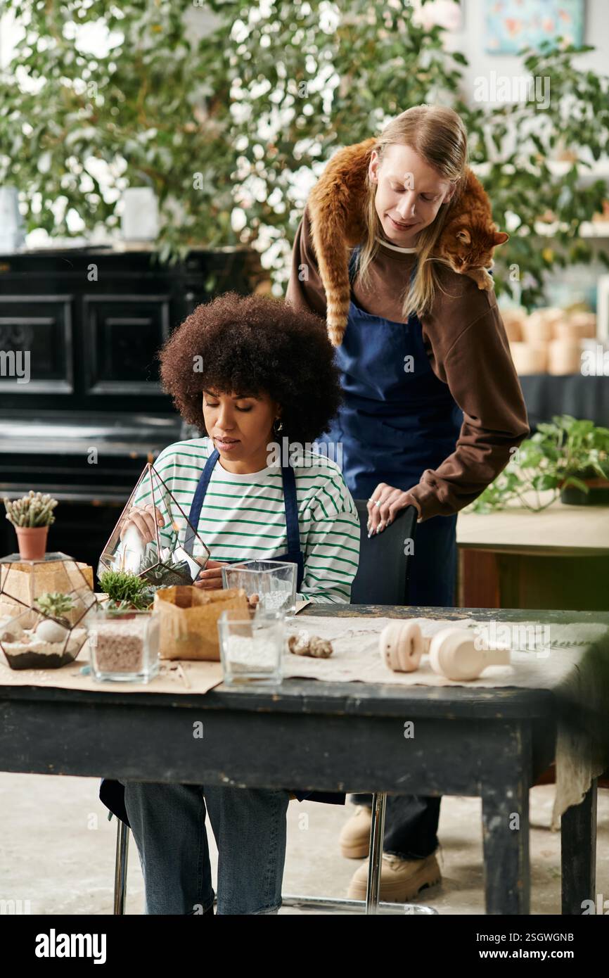 Two friends enjoy a lively workshop surrounded by thriving plants and ...