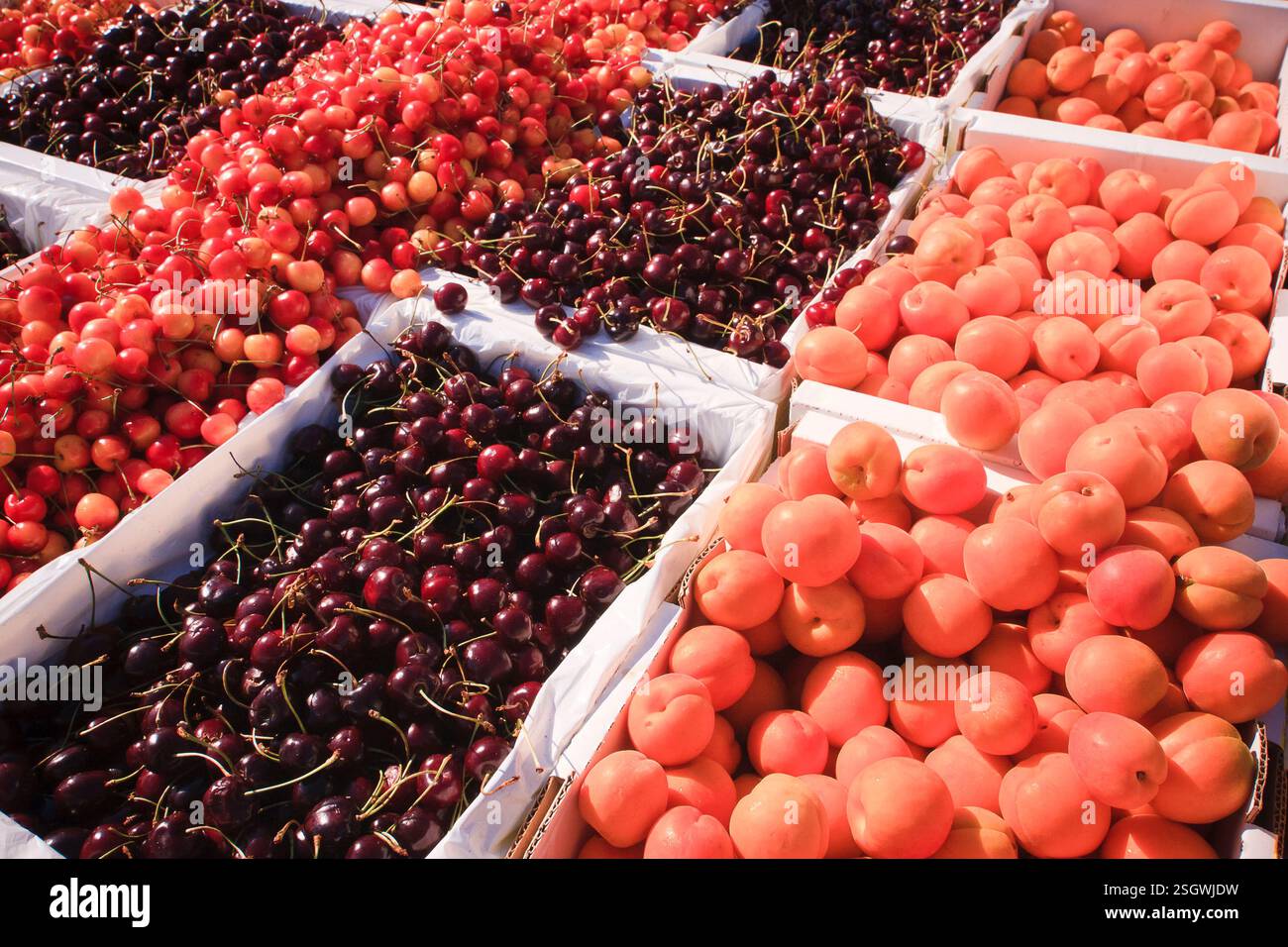 Table full of fruit including cherries and oranges. The cherries are in ...