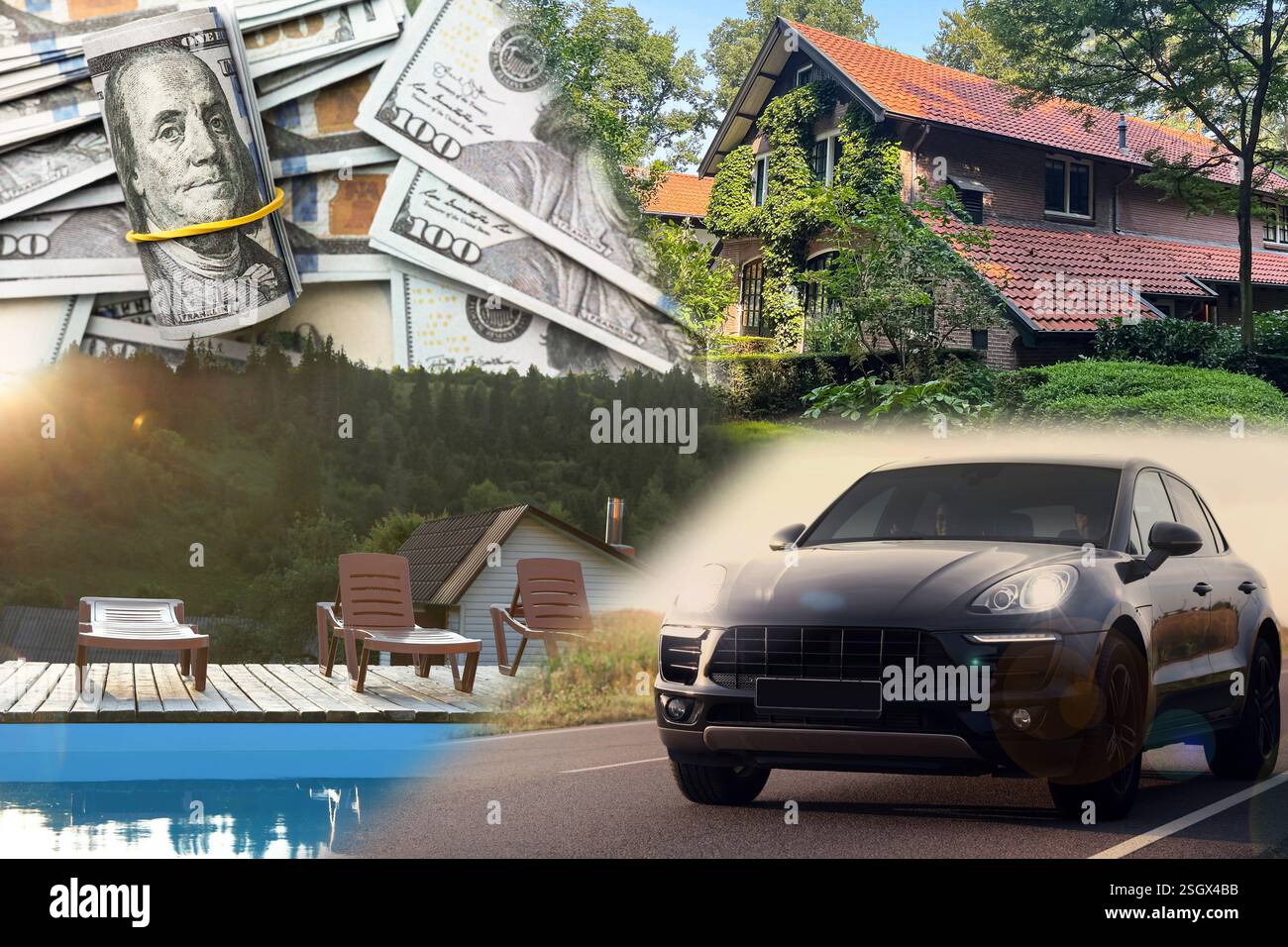 Wealth, luxury life concept. Collage with dollars, modern car, big ...