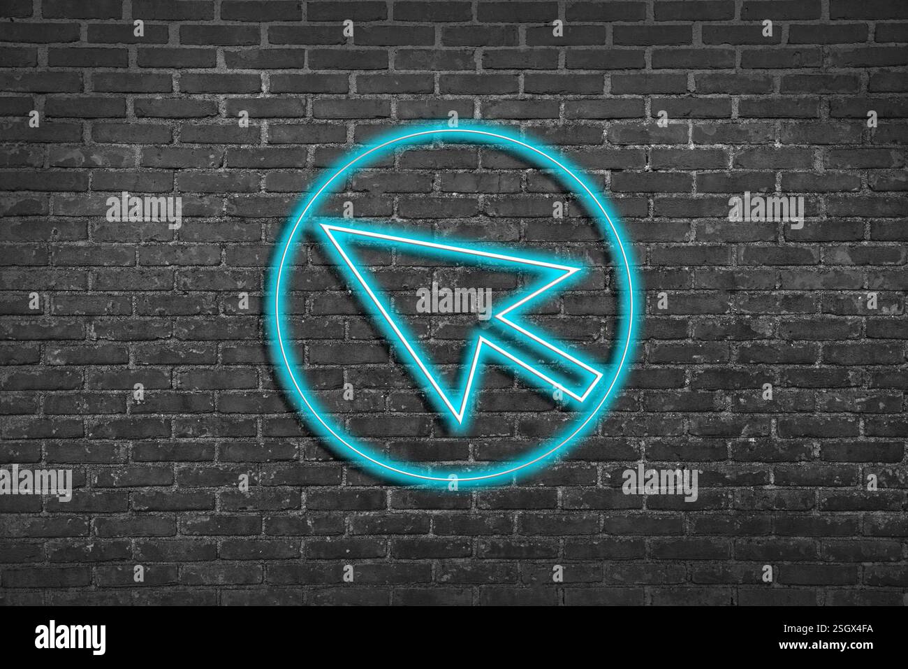 Neon pointer with arrow on grey brick wall Stock Photo - Alamy