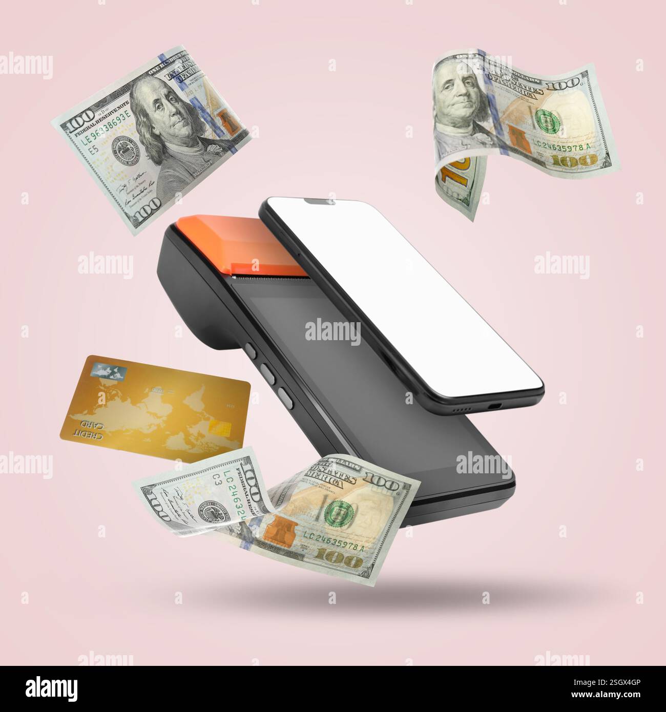 Payment terminal, bank card, dollars and mobile phone in air on pink ...