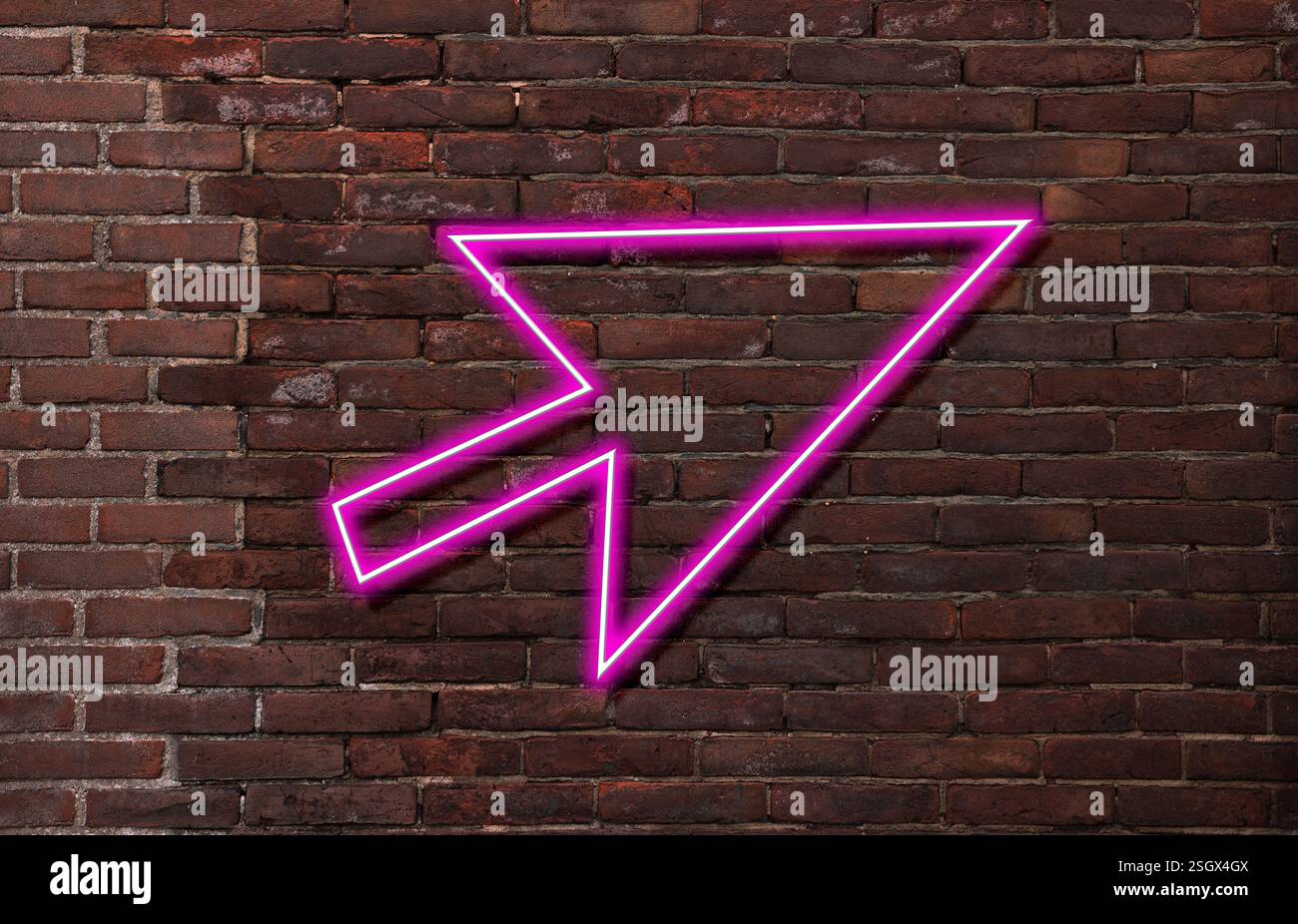 Pink neon arrow-shaped pointer on brick wall Stock Photo - Alamy