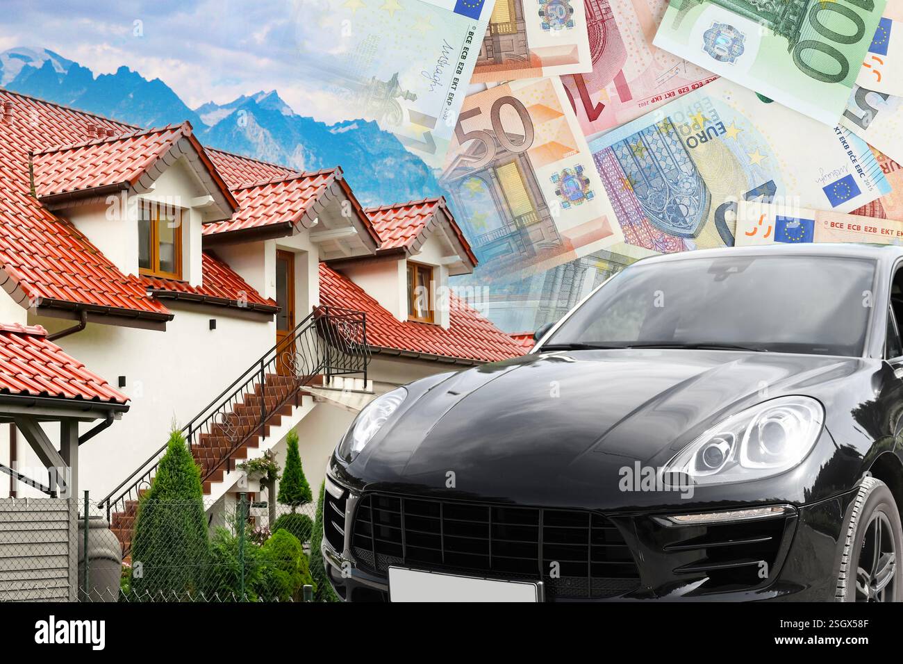 Wealth, luxury life concept. Collage with euro bills, modern car and ...