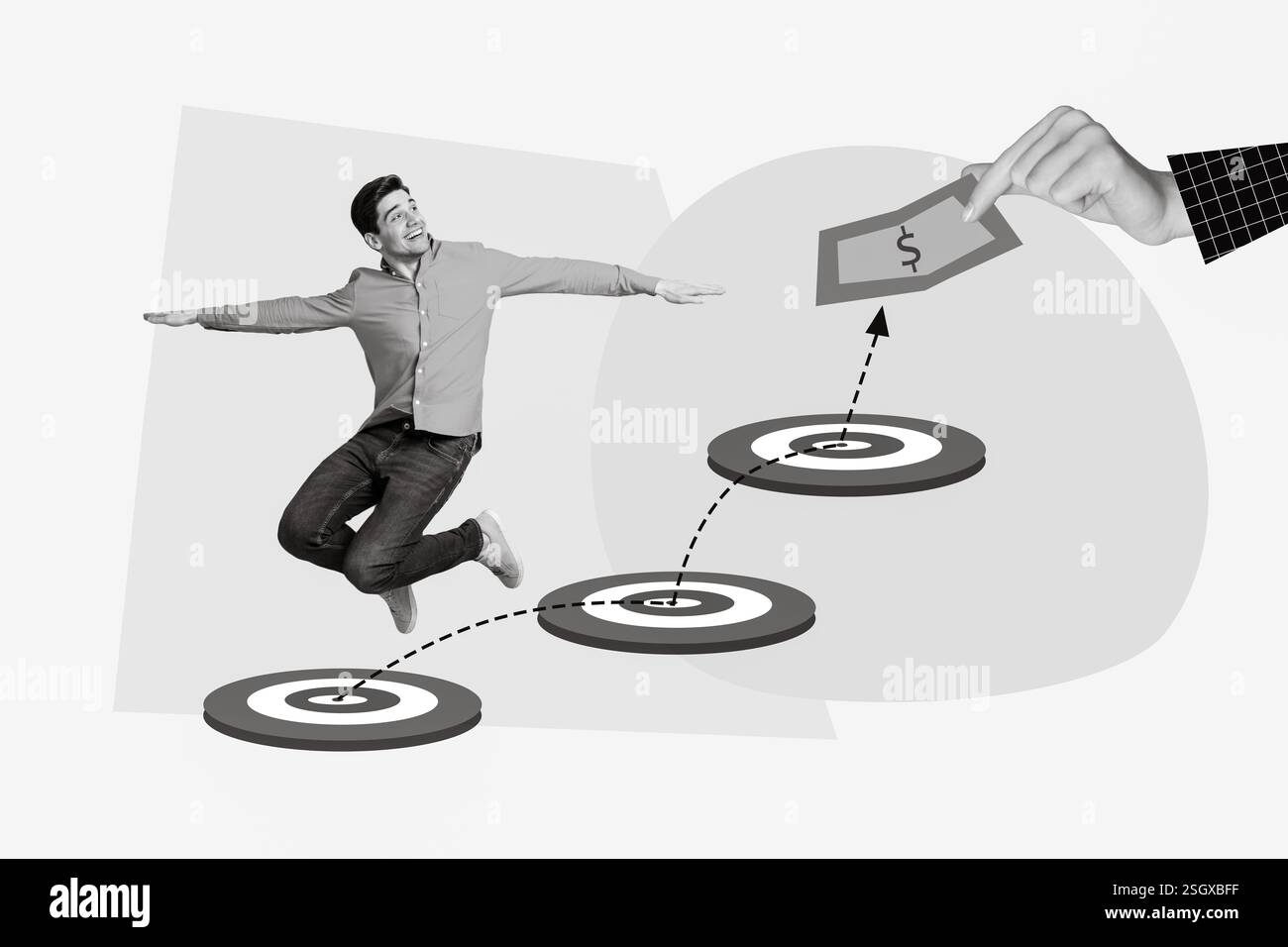 Collage of young funny energetic man business startup banknote owner ...