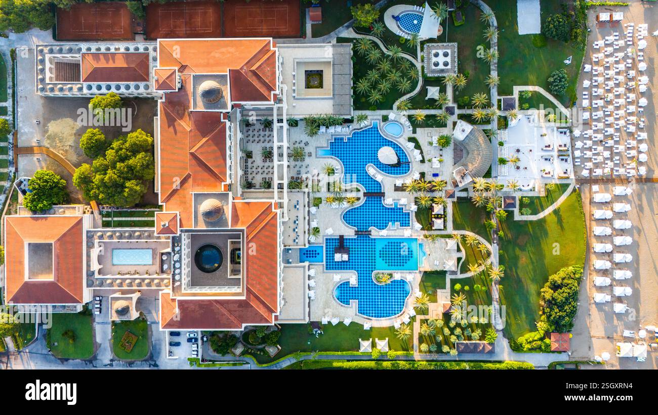 Aerial view of a luxury resort with elegant architecture and stunning ...
