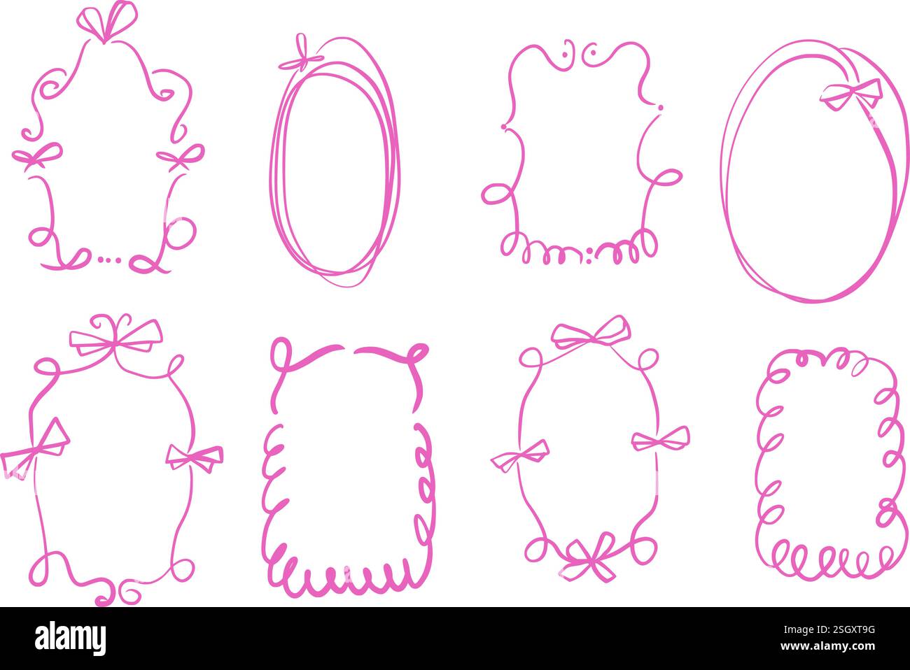 Doodle coquette frames with bows. Vintage line wavy border with ribbons ...