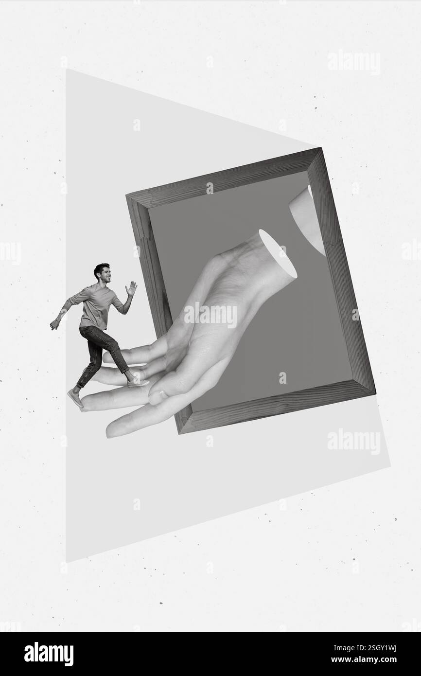 Magazine template collage of mini young guy run fast on huge human palm ...