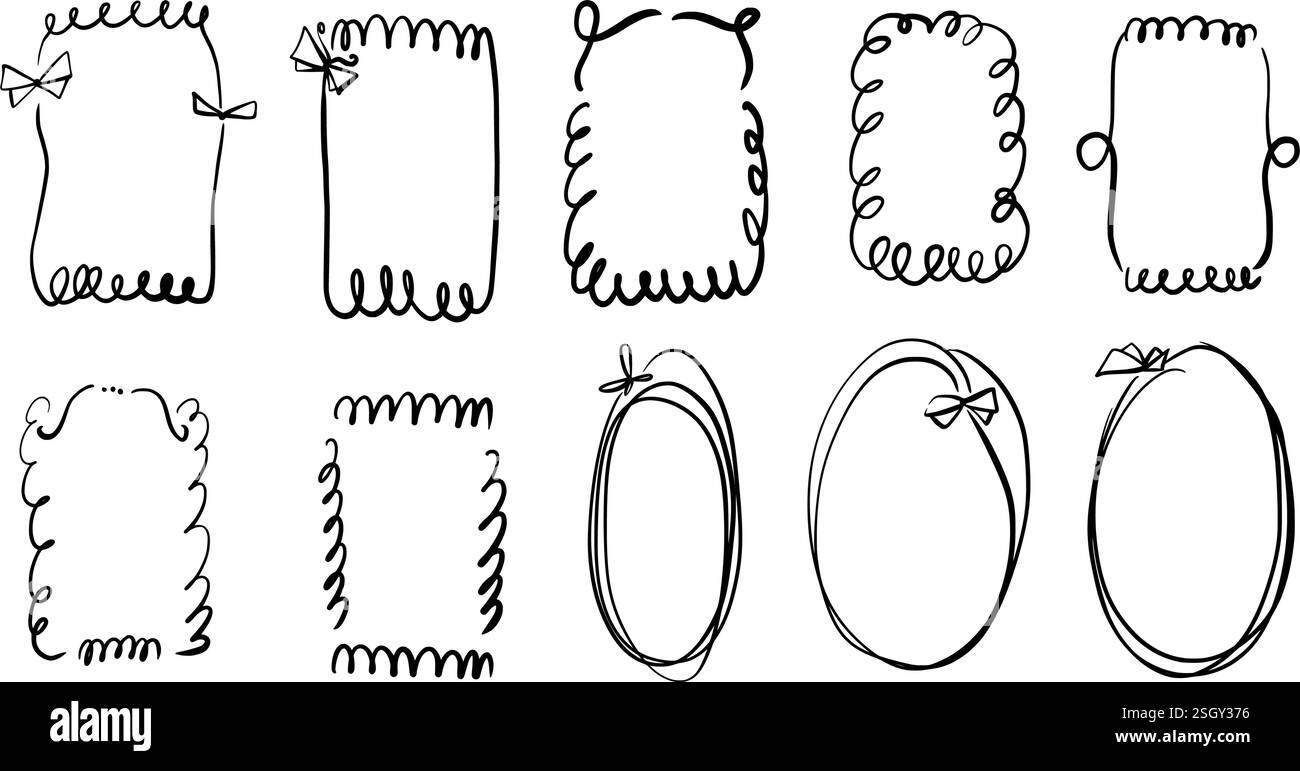 Doodle coquette frames with bows. Vintage scribble line wavy border ...