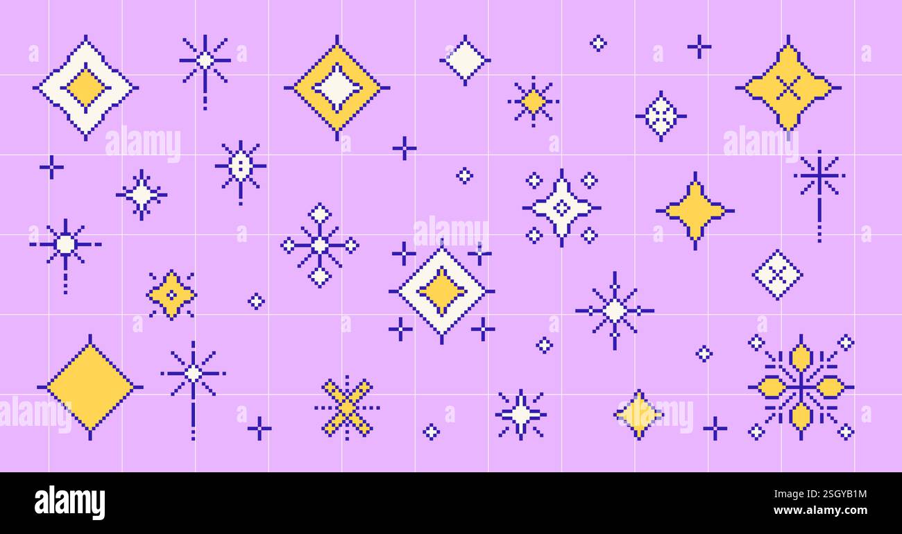 Pixel art stars. 8 bit sparkles. Magic firework icons in retro 90s style. shine glitter ...