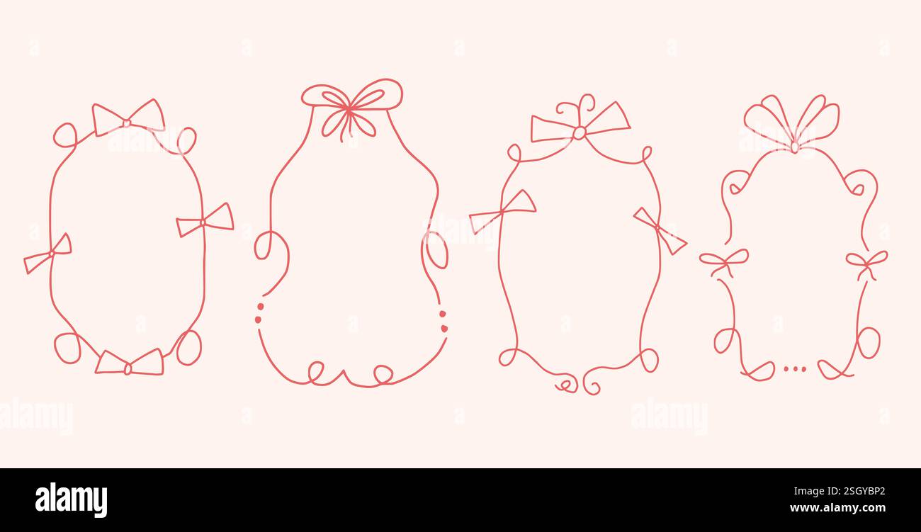 Doodle coquette frames with bows. Vintage line wavy border with ribbons ...