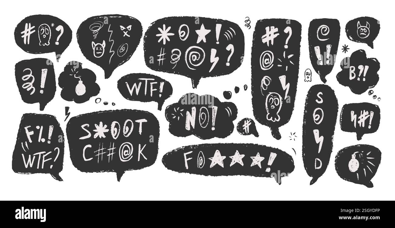 Speech bubbles with swear words. Curse crayon doodle text. Negative ...