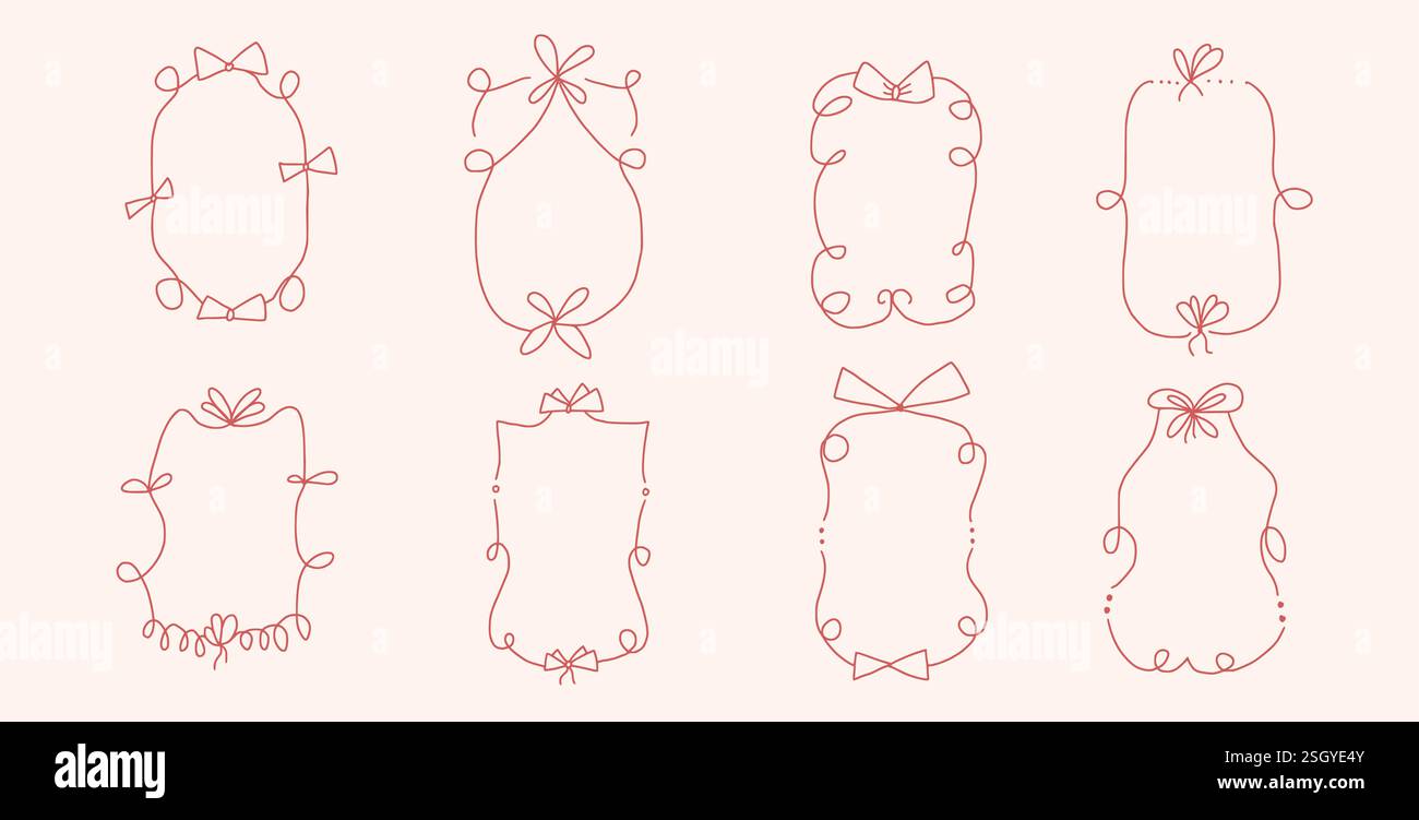 Doodle coquette frames with bows. Vintage line wavy border with ribbons ...