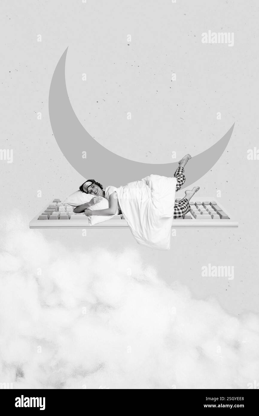 Vertical creative photo collage of positive tired satisfied careless ...