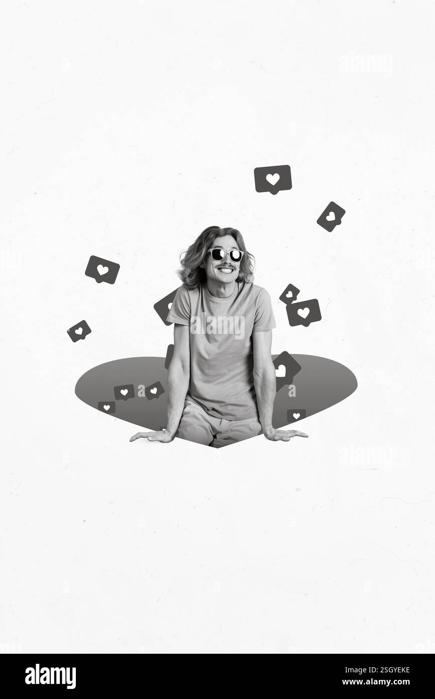 Vertical collage picture of cheerful mini guy inside heart shape hole ...