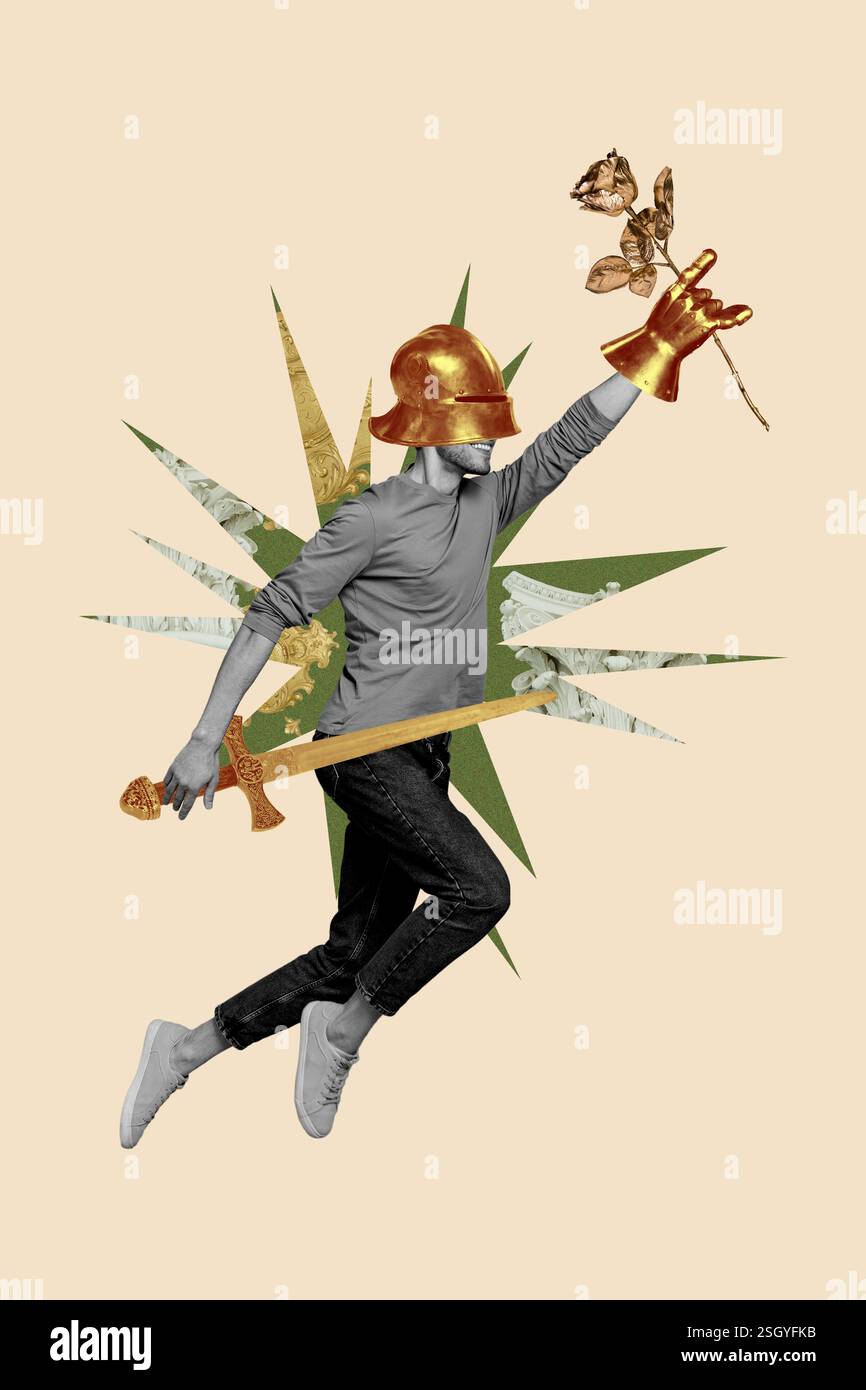 Poster trend sketch template 3D photo collage of young man jump hold ...