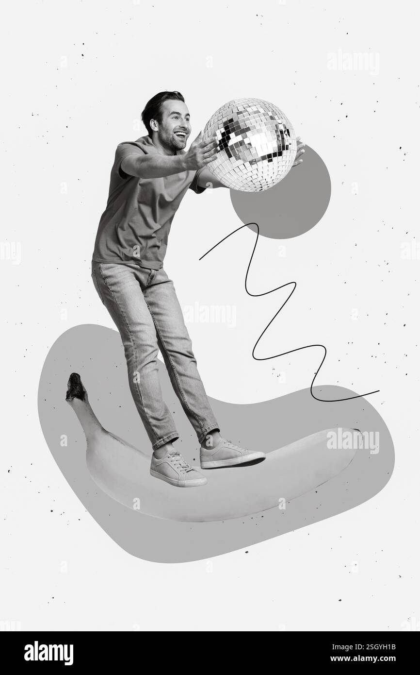 Vertical collage picture of excited overjoyed mini guy stand huge ...